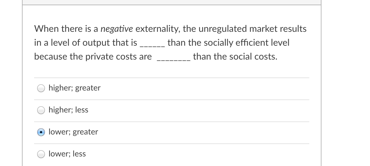 Solved When there is a negative externality, the unregulated | Chegg.com