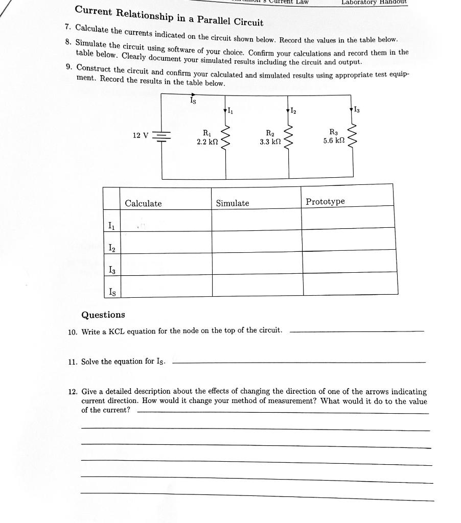 Solved Current Relationship in a Parallel Circuit 7. | Chegg.com