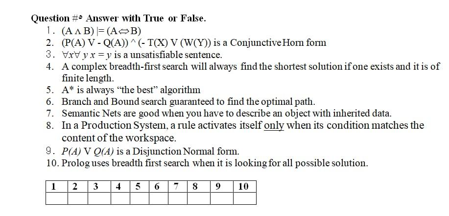 Solved Question # Answer with True or False. 1. (A∧B)∣=(A⇔B) | Chegg.com
