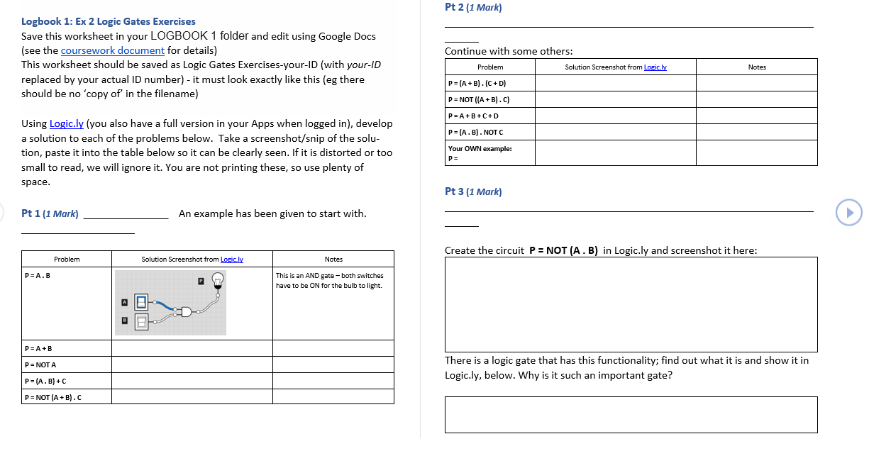 Solved Pt 2 (1 Mark) Logbook 1: Ex 2 Logic Gates Exercises | Chegg.com
