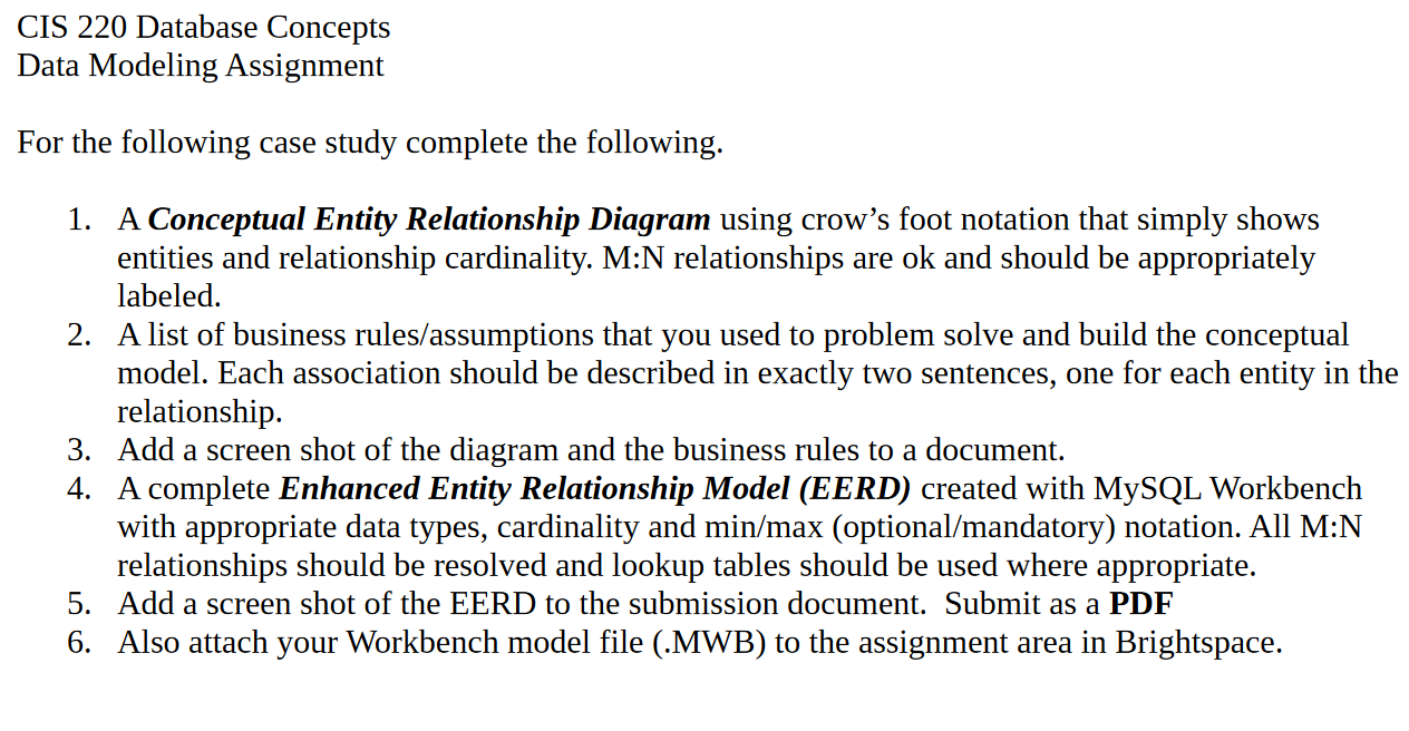 Solved CIS 220 Database Concepts Data Modeling Assignment | Chegg.com