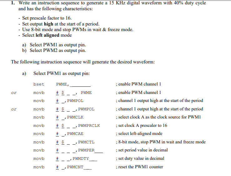 1. Write an instruction sequence to generate a 15 KHz | Chegg.com