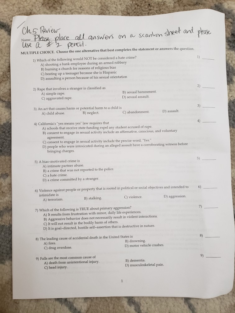 Solved Name Please place ail answeys on a scanran sneet and | Chegg.com