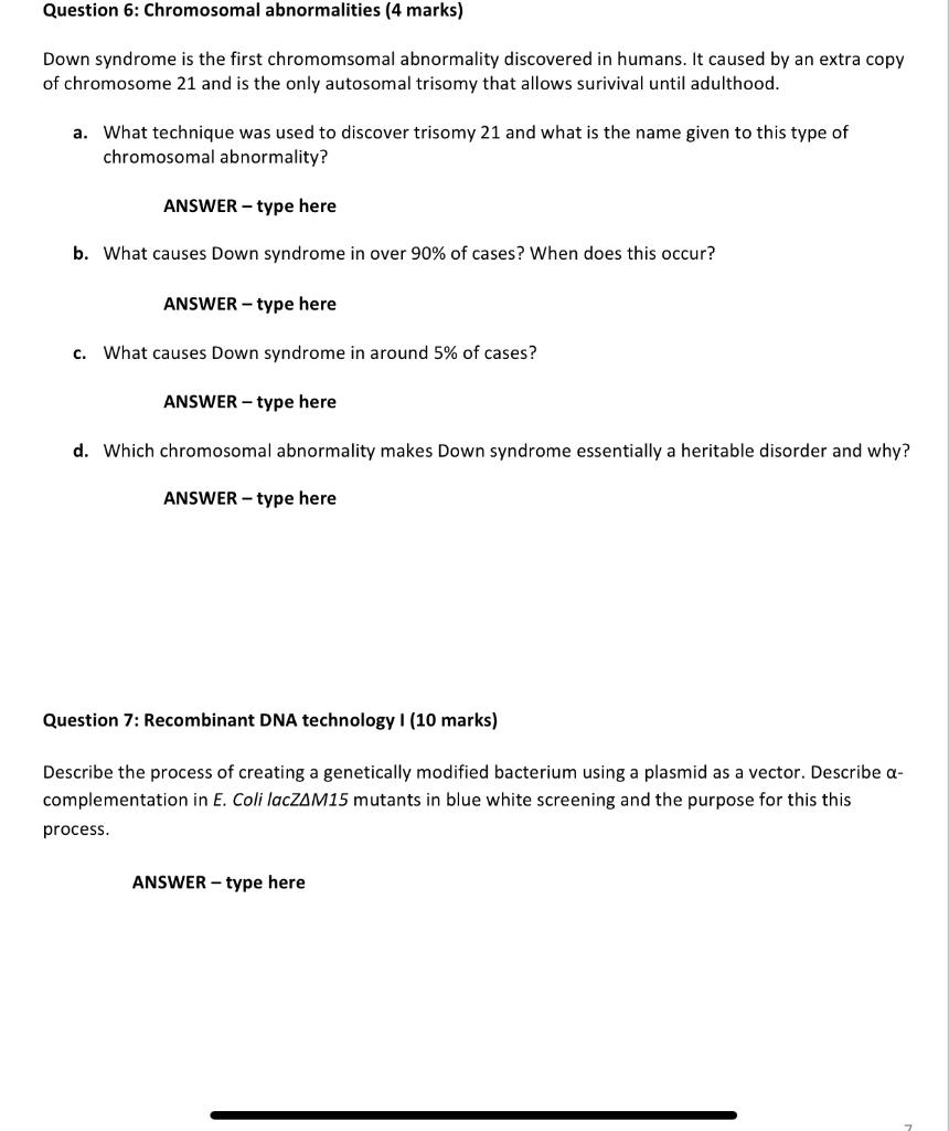 Solved Question 6: Chromosomal abnormalities (4 marks) Down | Chegg.com