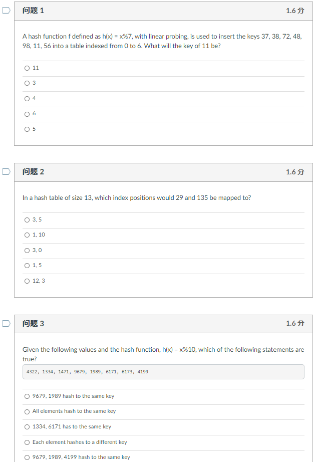 Solved 问题1 1.6 A hash function f defined as h(x) = x%7, with | Chegg.com