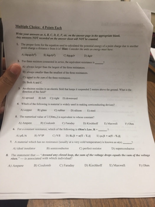 Solved Write your answer at A, B, C, D, E, F, etc. on the | Chegg.com