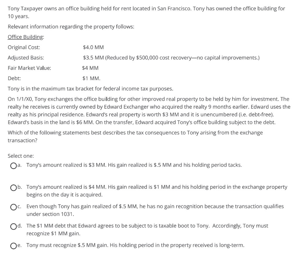Solved Tony Taxpayer owns an office building held for rent | Chegg.com