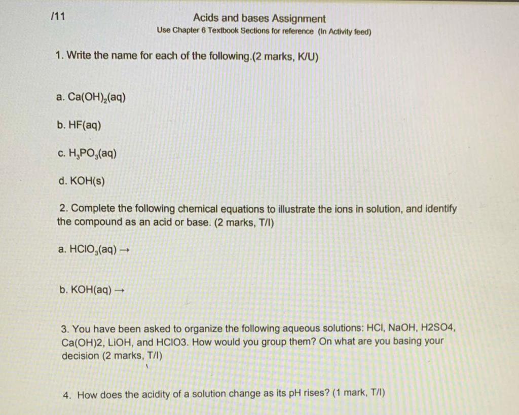 Solved /11 Acids and bases Assignment Use Chapter 6 Textbook | Chegg.com