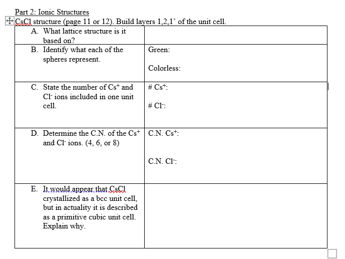 Solved Part 2: Ionic StructuresCsCl ﻿structure (page 11 ﻿or | Chegg.com