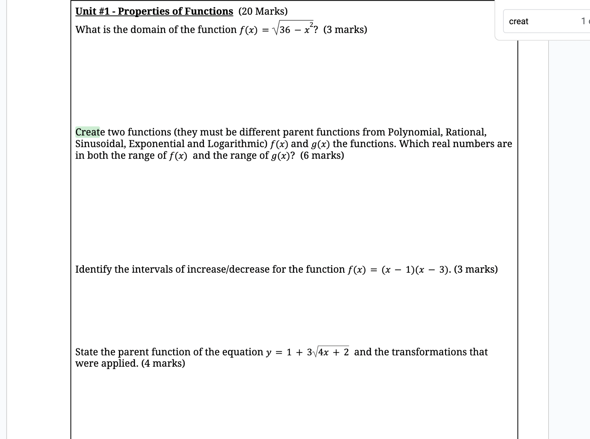 Solved Unit #1 - ﻿Properties of Functions (20 ﻿Marks)What is | Chegg.com