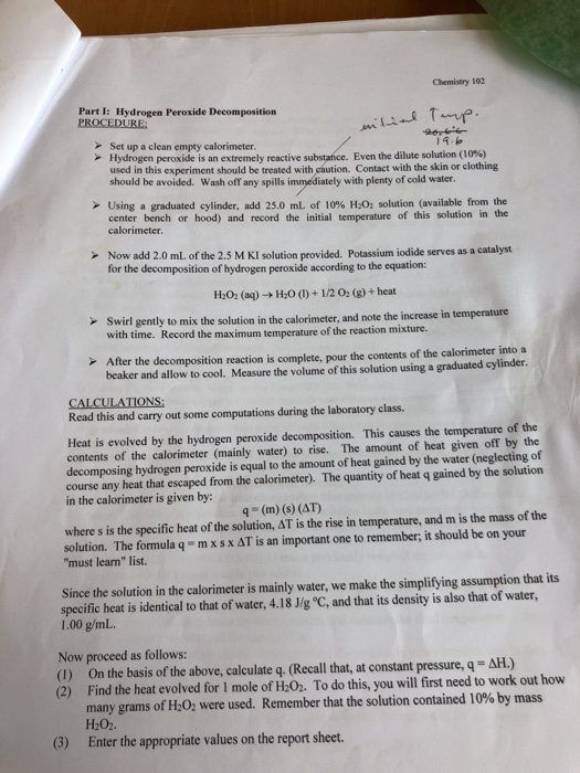 Solved Chemistry 102 Part I: Hydrogen Peroxide Decomposition | Chegg.com