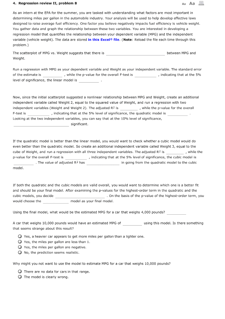 Solved 4. Regression review II, problem 8 Aa Aa E As an | Chegg.com