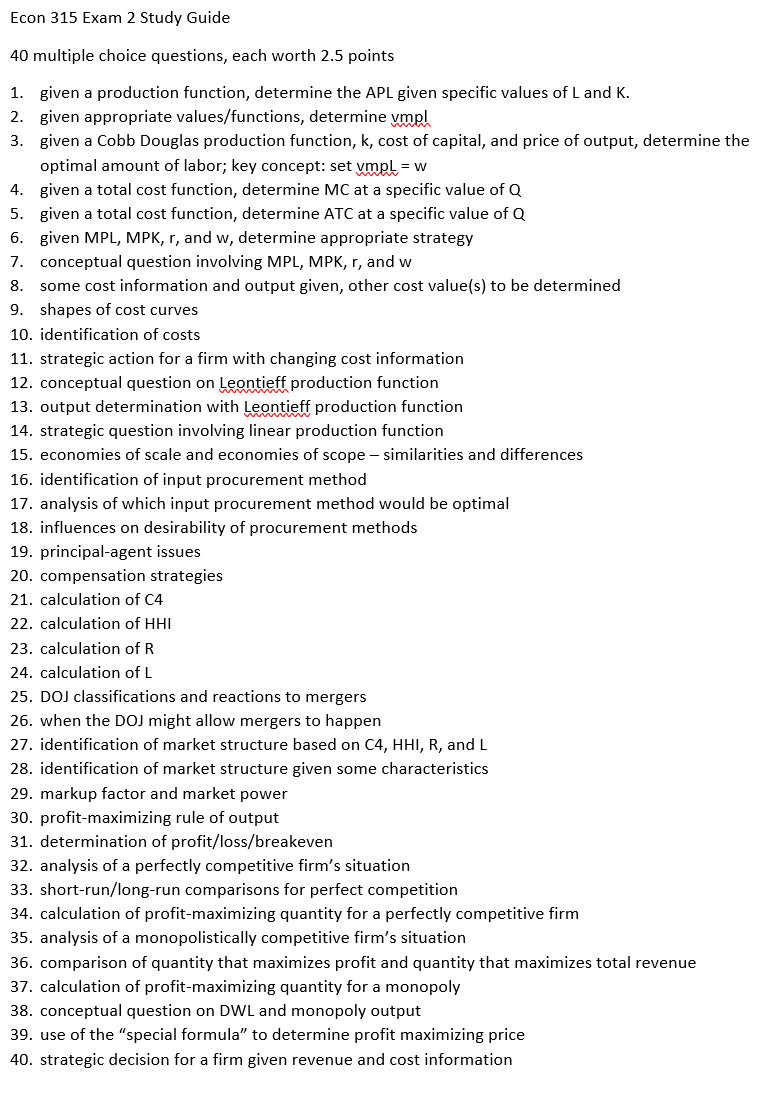 Econ 315 Exam 2 Study Guide 40 multiple choice | Chegg.com