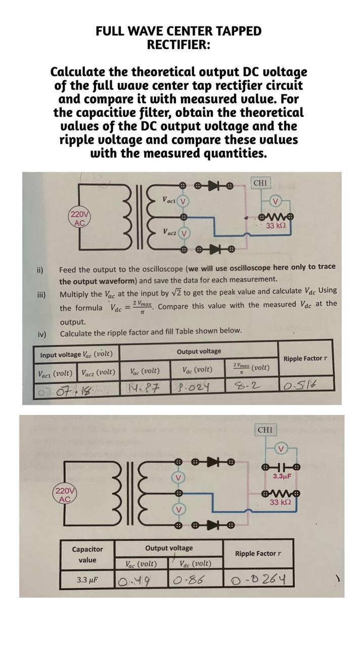 Solved FULL WAVE CENTER TAPPED RECTIFIER: Calculate the | Chegg.com