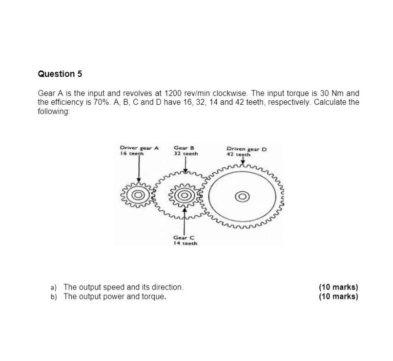 Solved Question 5 Gear A is the input and revolves at 1200 | Chegg.com