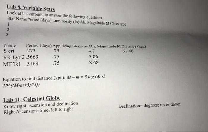 Solved Lab 8. Variable Stars Look at background to answer | Chegg.com