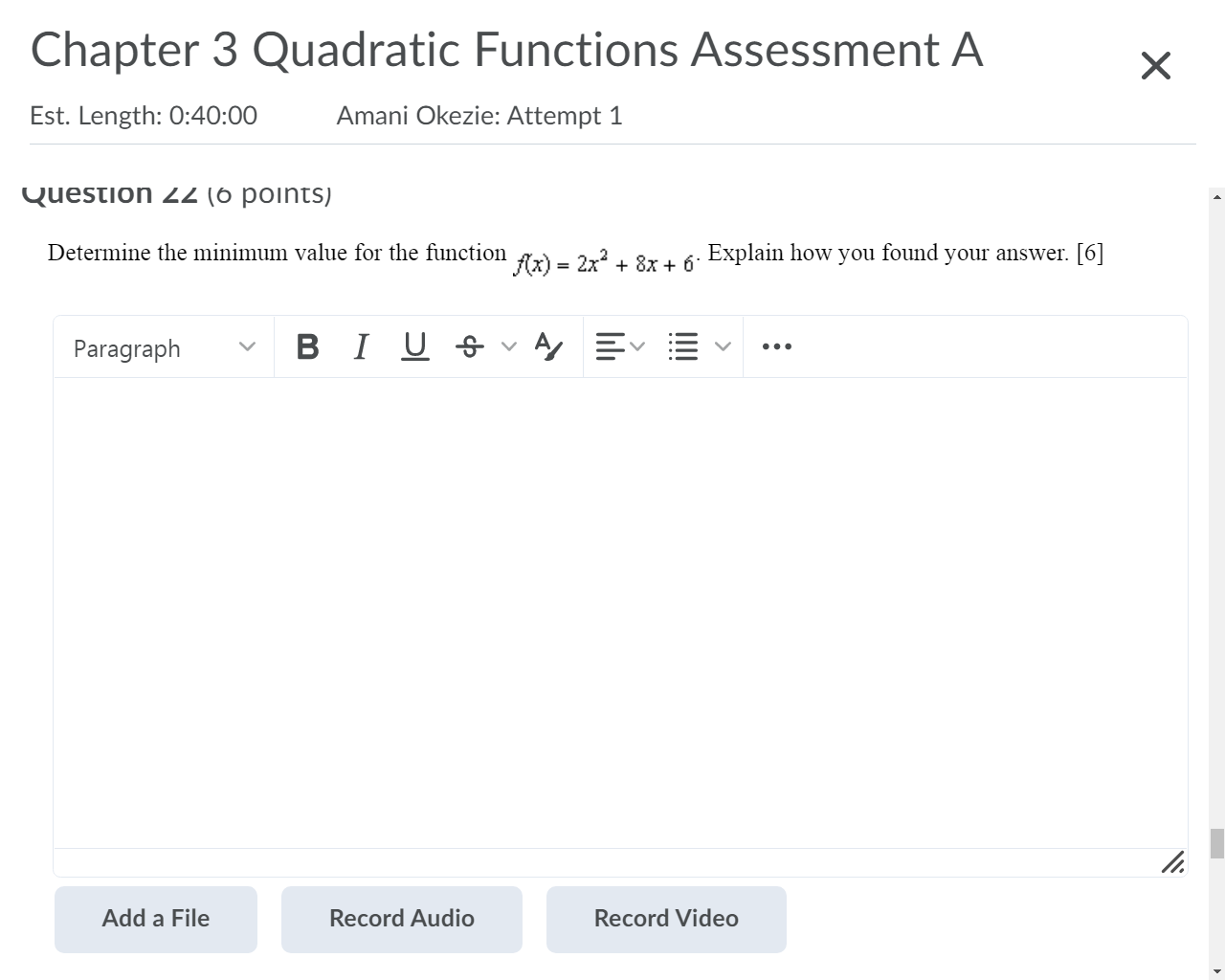 Solved Chapter 3 Quadratic Functions Assessment A Х Est. | Chegg.com