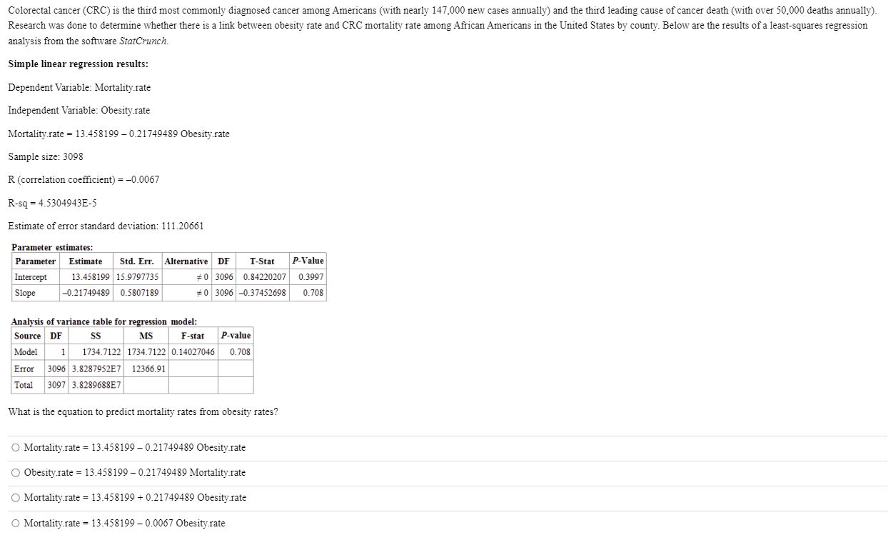 Solved Analysis From The Software Statcrunch Simple Linear