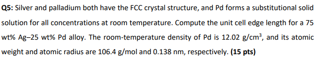 Solved Q5: Silver and palladium both have the FCC crystal | Chegg.com