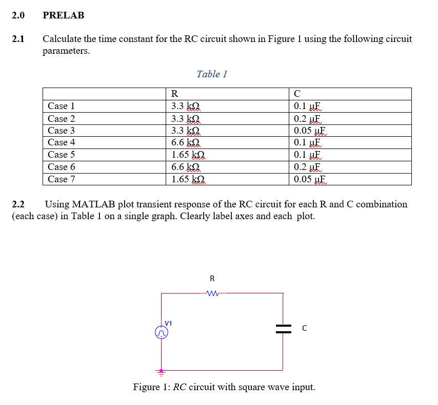 Solved 2.0 PRELAB 2.1 Calculate the time constant for the RC | Chegg.com