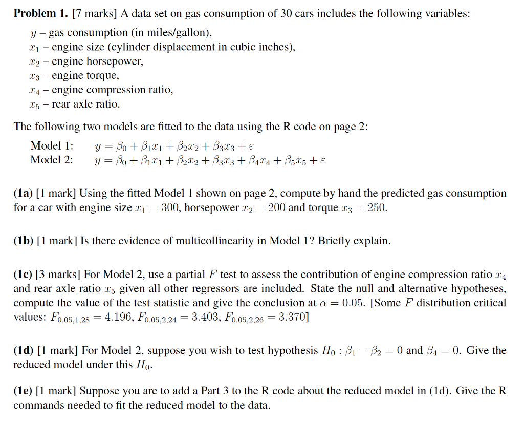 Solved Problem 1. [7 marks] A data set on gas consumption of | Chegg.com