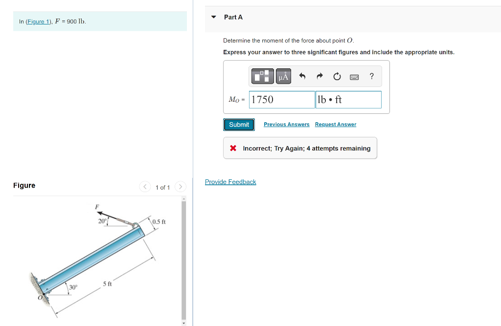 [Solved]: [ F=900 mathrm{lb} ] Determine the moment of
