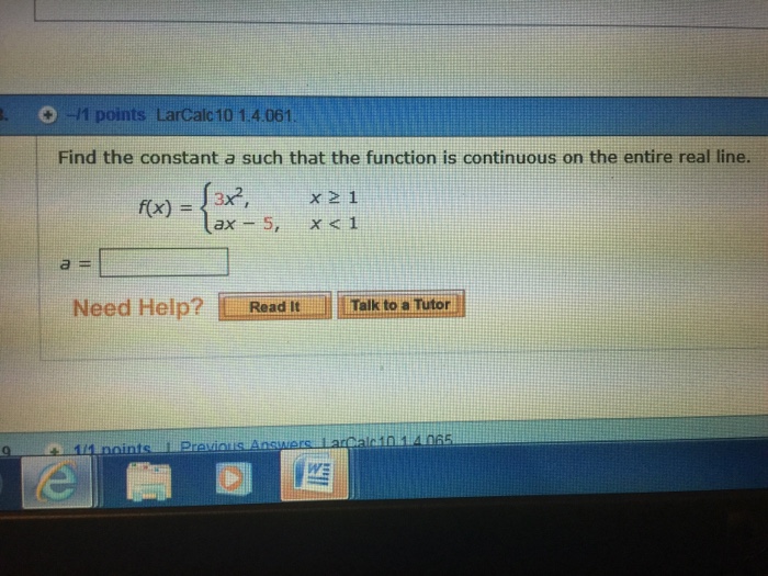 Solved . -1 points LarCalc10 1.4 061 Find the constant a | Chegg.com