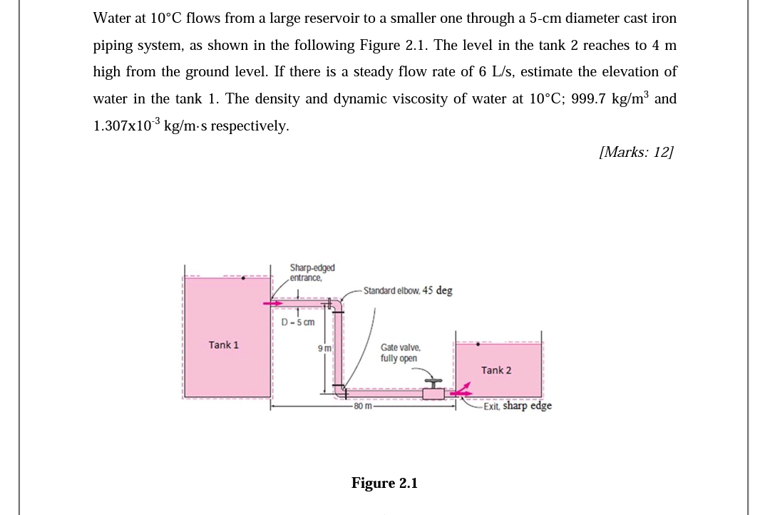 Solved Water at 10∘C flows from a large reservoir to a | Chegg.com