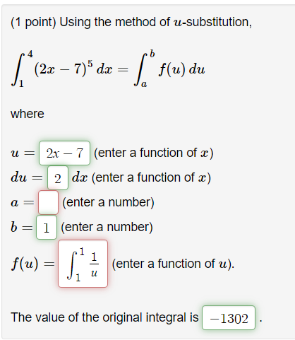 Solved (1 point) Using the method of u-substitution, | Chegg.com