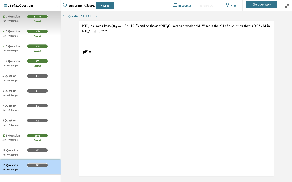 Solved 11 of 11 Questions Assignment Score: 44.9% Resources | Chegg.com
