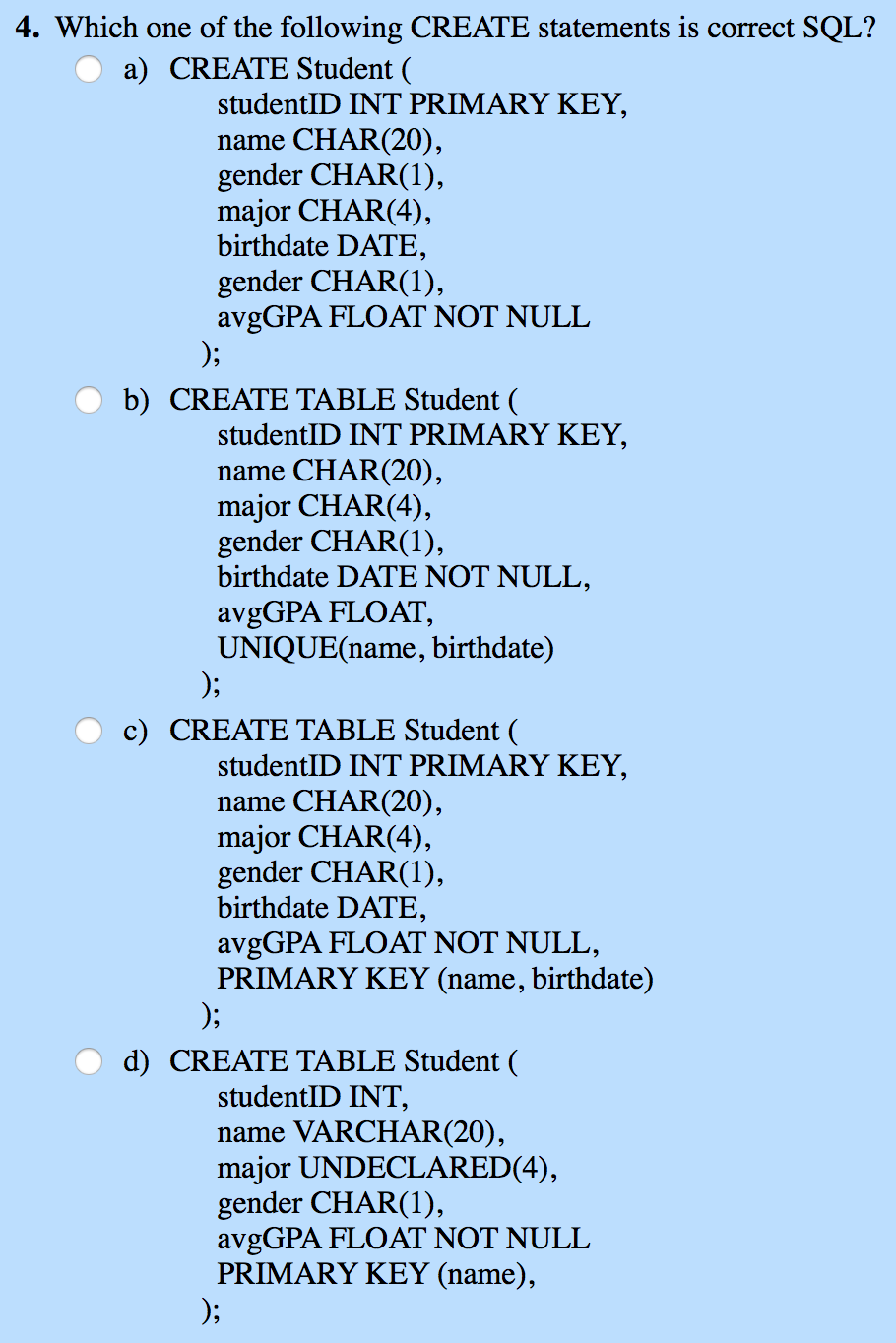 Solved 4. Which one of the following CREATE statements is | Chegg.com