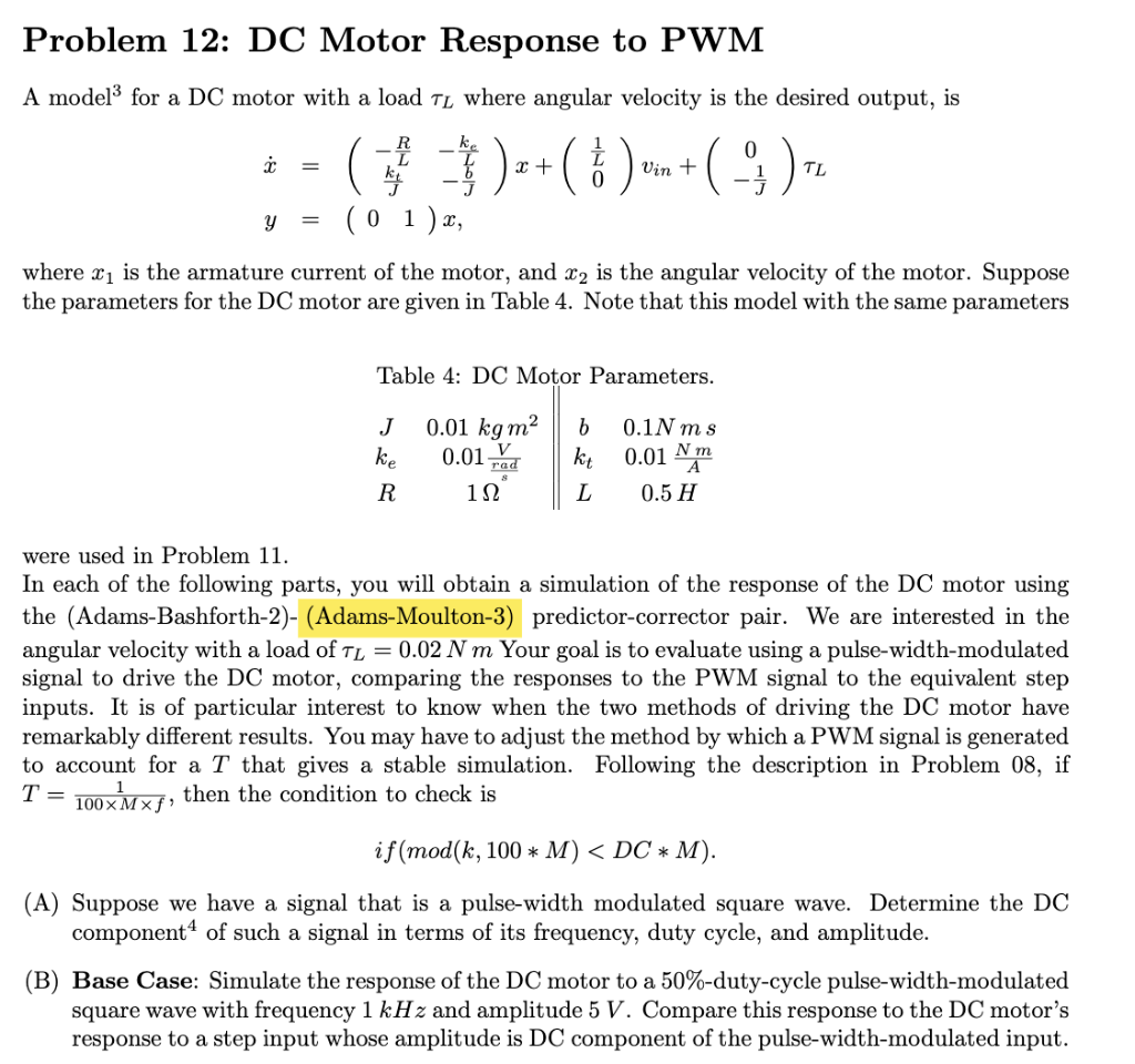 Problem 12: DC Motor Response to PWM A model for a DC | Chegg.com