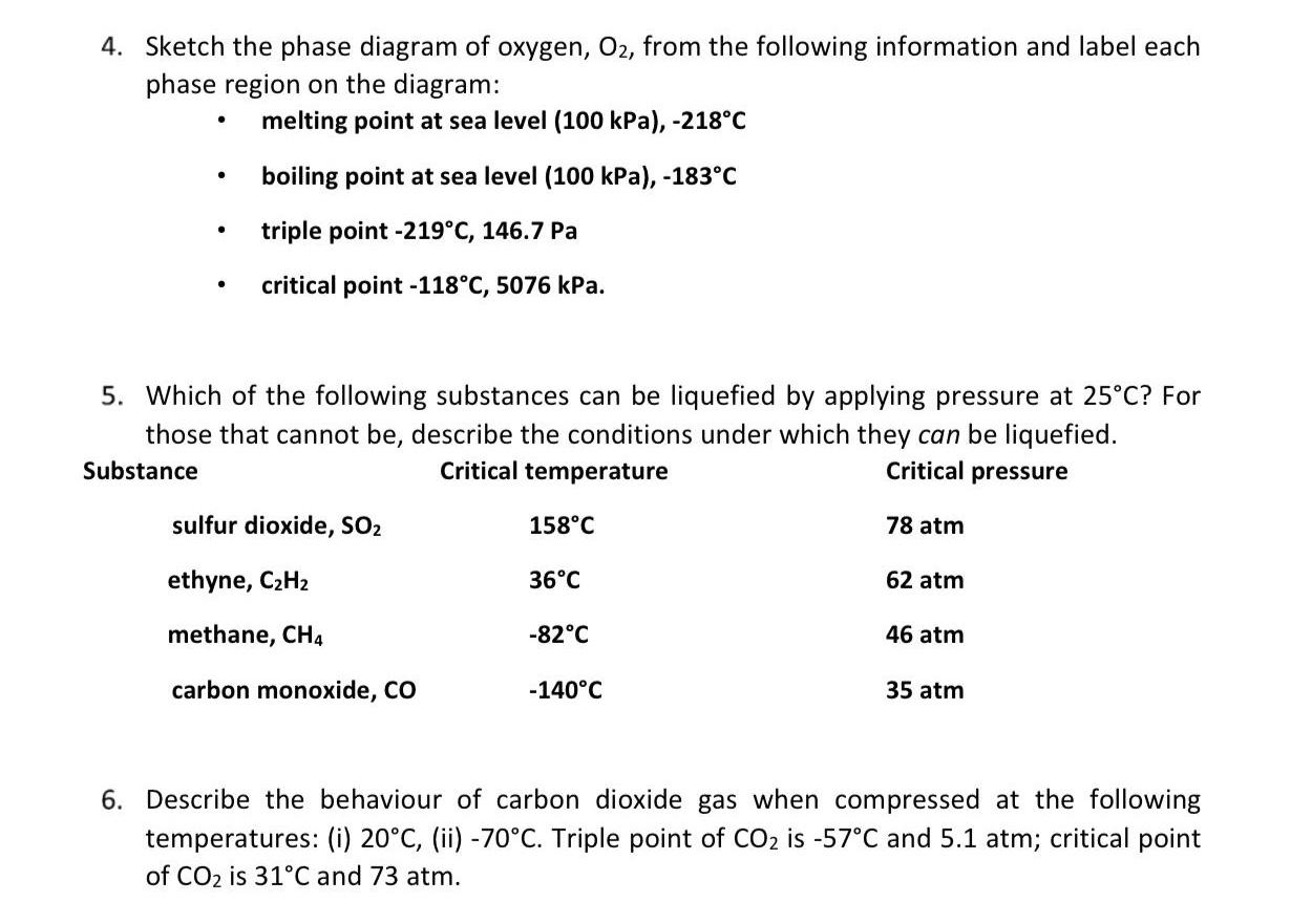 Solved 4. Sketch the phase diagram of oxygen, O2, from the | Chegg.com