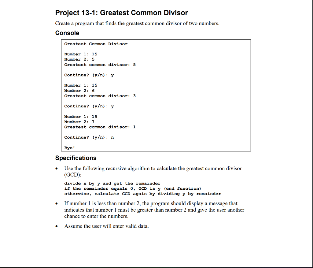 Solved Project 13-1: Greatest Common Divisor Create a | Chegg.com