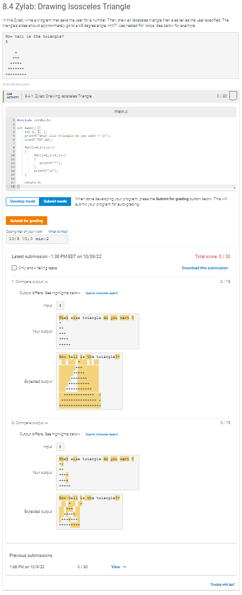 Solved 8.4 Zylab: Drawing Isosceles Triangle How tall is the | Chegg.com