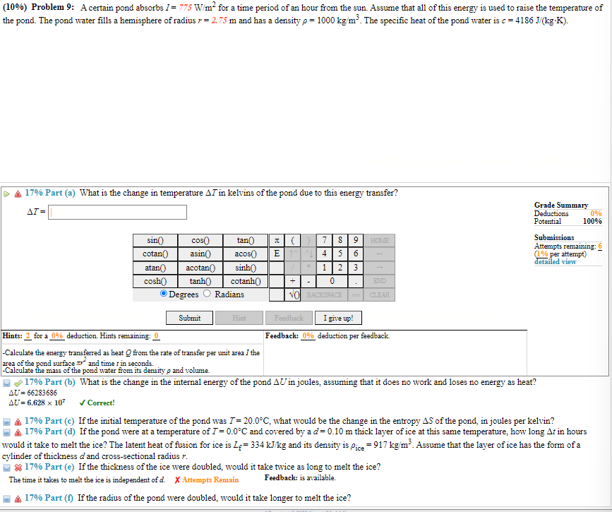 Solved (10\%) Problem 9: A certain pond absorbs I=775 W/m2 | Chegg.com