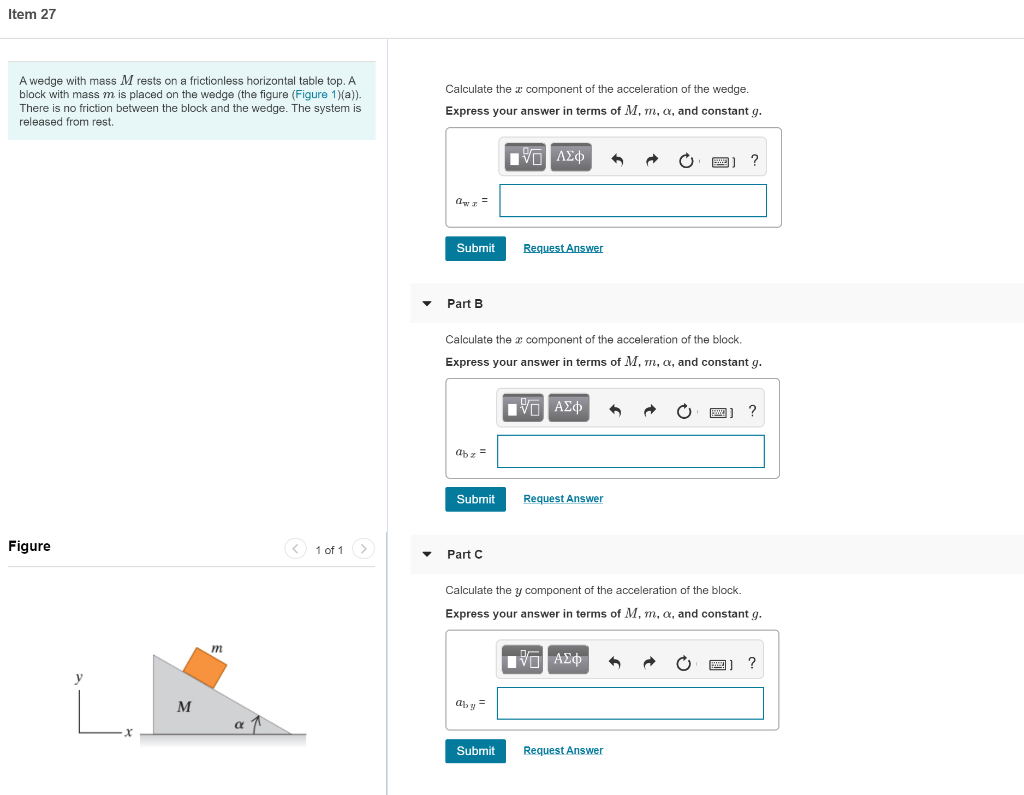 Solved Item 27 A wedge with mass M rests on a frictionless | Chegg.com