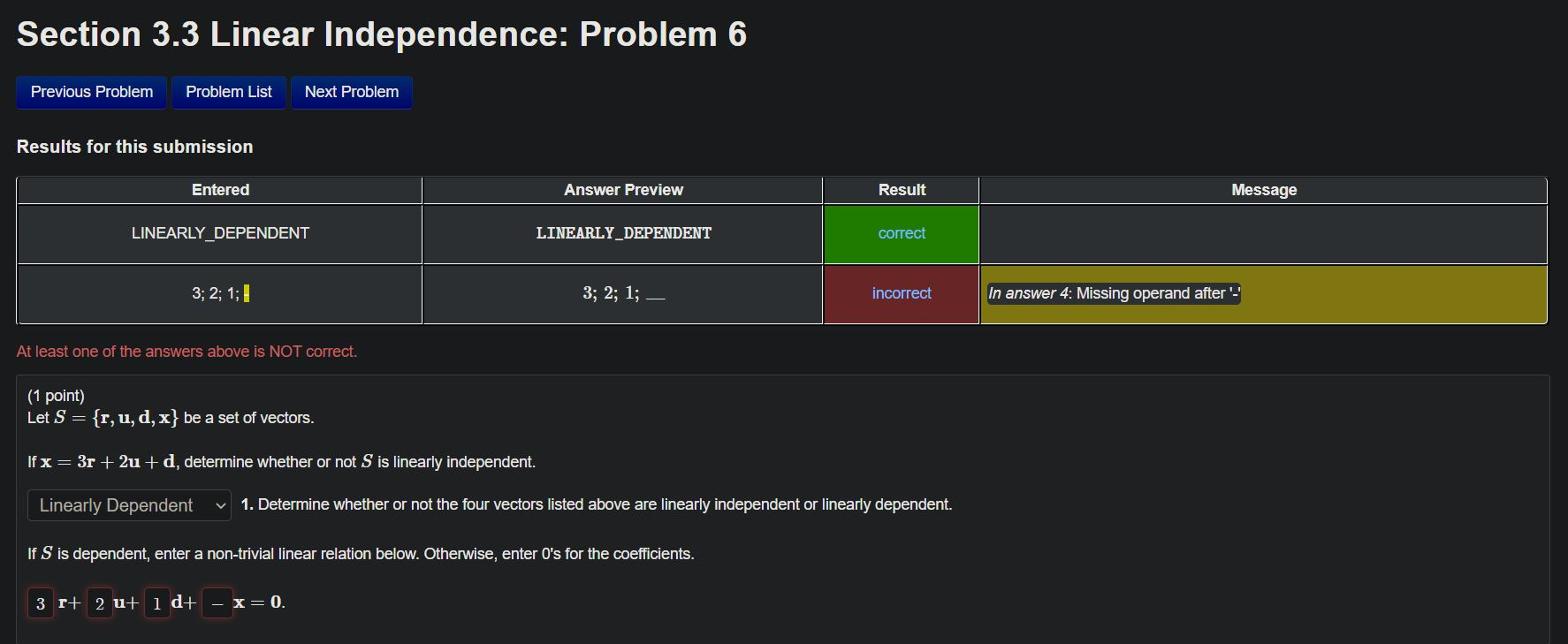 Solved Section 3.3 Linear Independence: Problem 6 Previous | Chegg.com