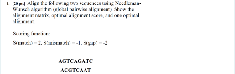 Solved 1. [20 pts] Align the following two sequences using | Chegg.com