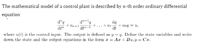 Solved The mathematical model of a control plant is | Chegg.com