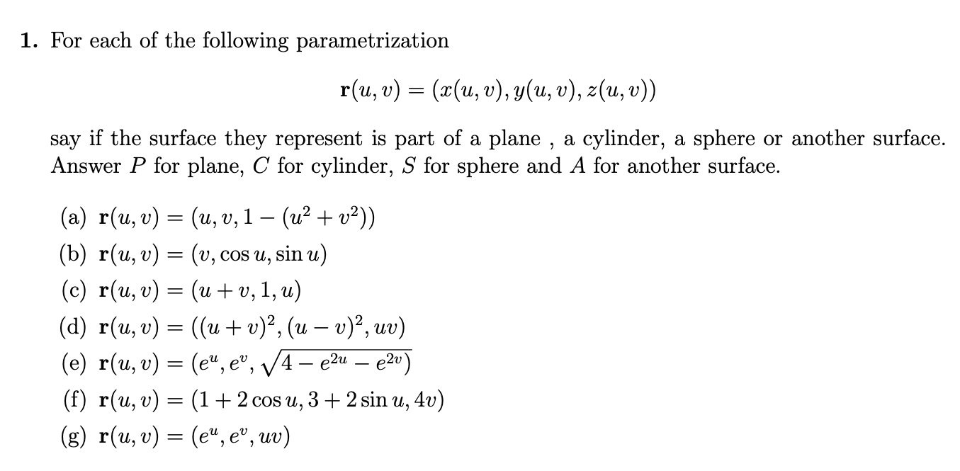 1. For each of the following parametrization | Chegg.com