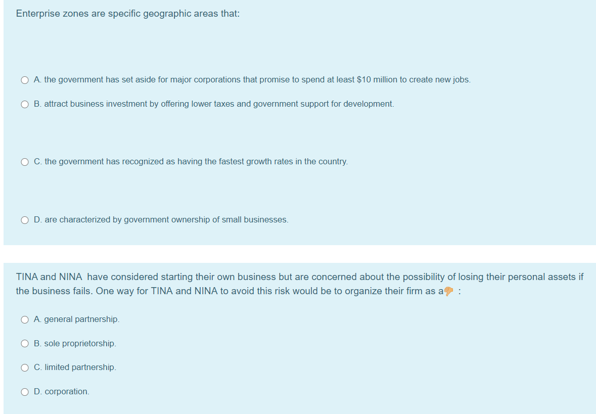 Solved Enterprise zones are specific geographic areas that: | Chegg.com