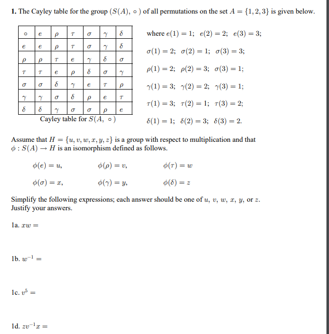 Solved 1. The Cayley table for the group (S(A), ) of all | Chegg.com