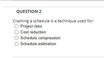 Solved Crashing a schedule is a technique used for: Project | Chegg.com