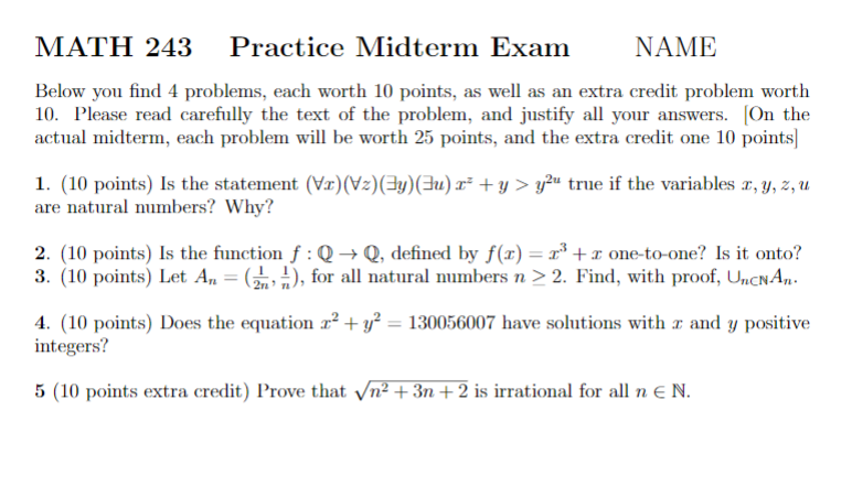 Solved MATH 243 Practice Midterm Exam NAME Below you find 4 | Chegg.com