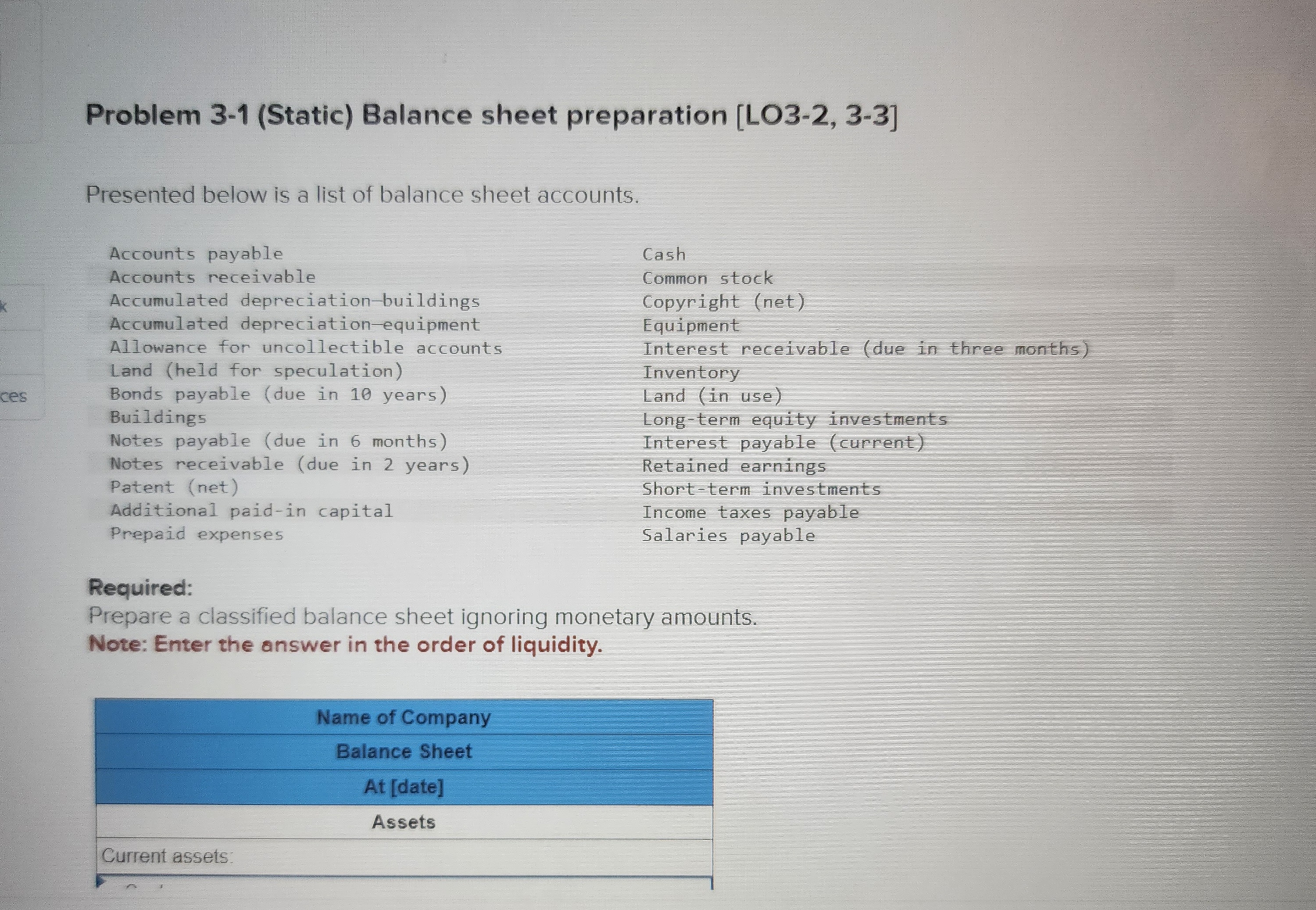 Solved Problem 3-1 (Static) Balance sheet preparation | Chegg.com