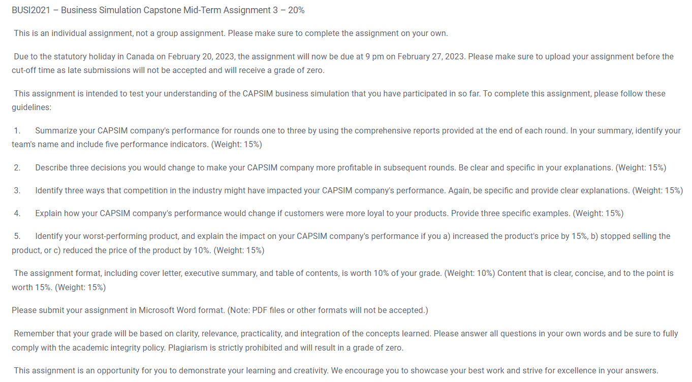 Solved BUSI2021 - Business Simulation Capstone Mid-Term | Chegg.com