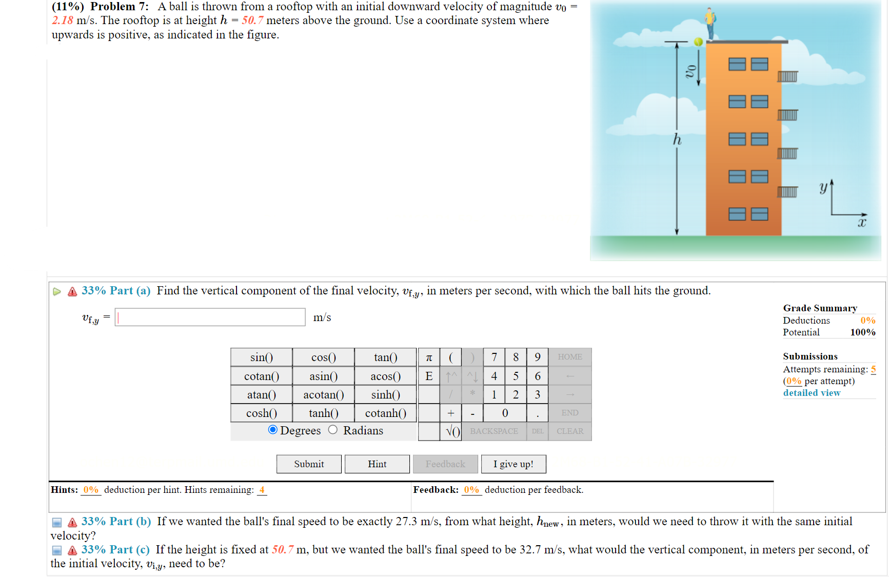 Solved 11 Problem 7 A Ball Is Thrown From A Rooftop