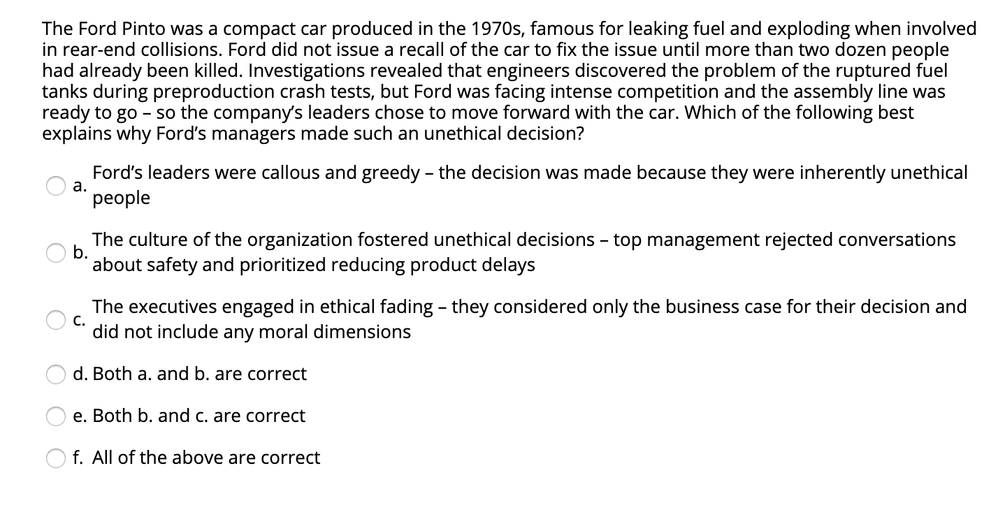 Solved The Ford Pinto was a compact car produced in the | Chegg.com