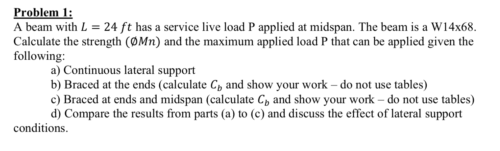 Problem 1: A beam with L=24ft has a service live load | Chegg.com